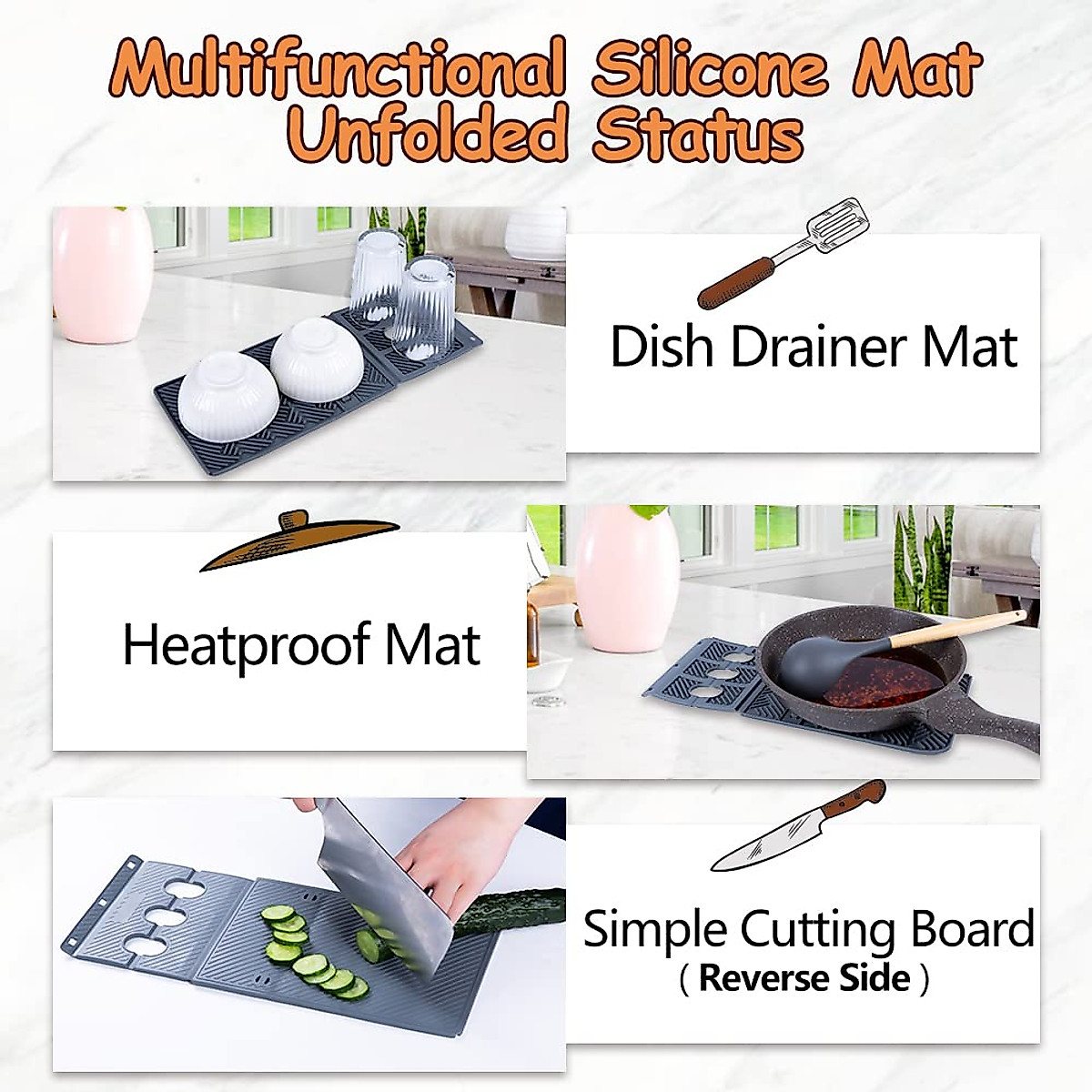 Silicone Utensil Rest - Spoon Rest with Drip Pad for Stove Top, Heat Resistant BPA Free Spoon Holder for Spatula, Brush, Fork - Multifunctional & Foldable Silicone Dish Drying Mat for Kitchen Counter