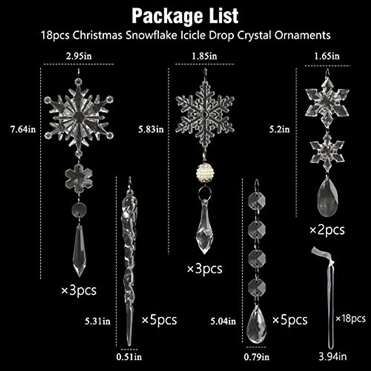 18pcs Christmas Tree Decoration Crystal Ornaments - Hanging Acrylic Christmas Snowflake Icicle Drop Crystal Ornaments for Christmas Tree Winter New Year Party Supplies
