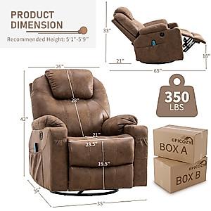 EPICOZY Manual Swivel Rocker Recliner with Heat and Vibration, 360° Swivel Glider Massage Lounge Chair, Ergonomic Single Sofa Recliner with 2 Cup Holders Side Pockets & USB Port, Brown