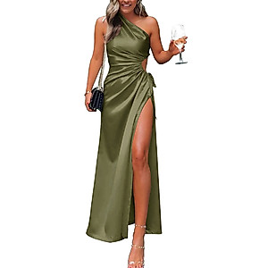 PRETTYGARDEN Women's 2024 Summer One Shoulder Satin Dress Cutout High Split Cocktail Wedding Guest Maxi Dresses (Dark Army Green,XX-Large)