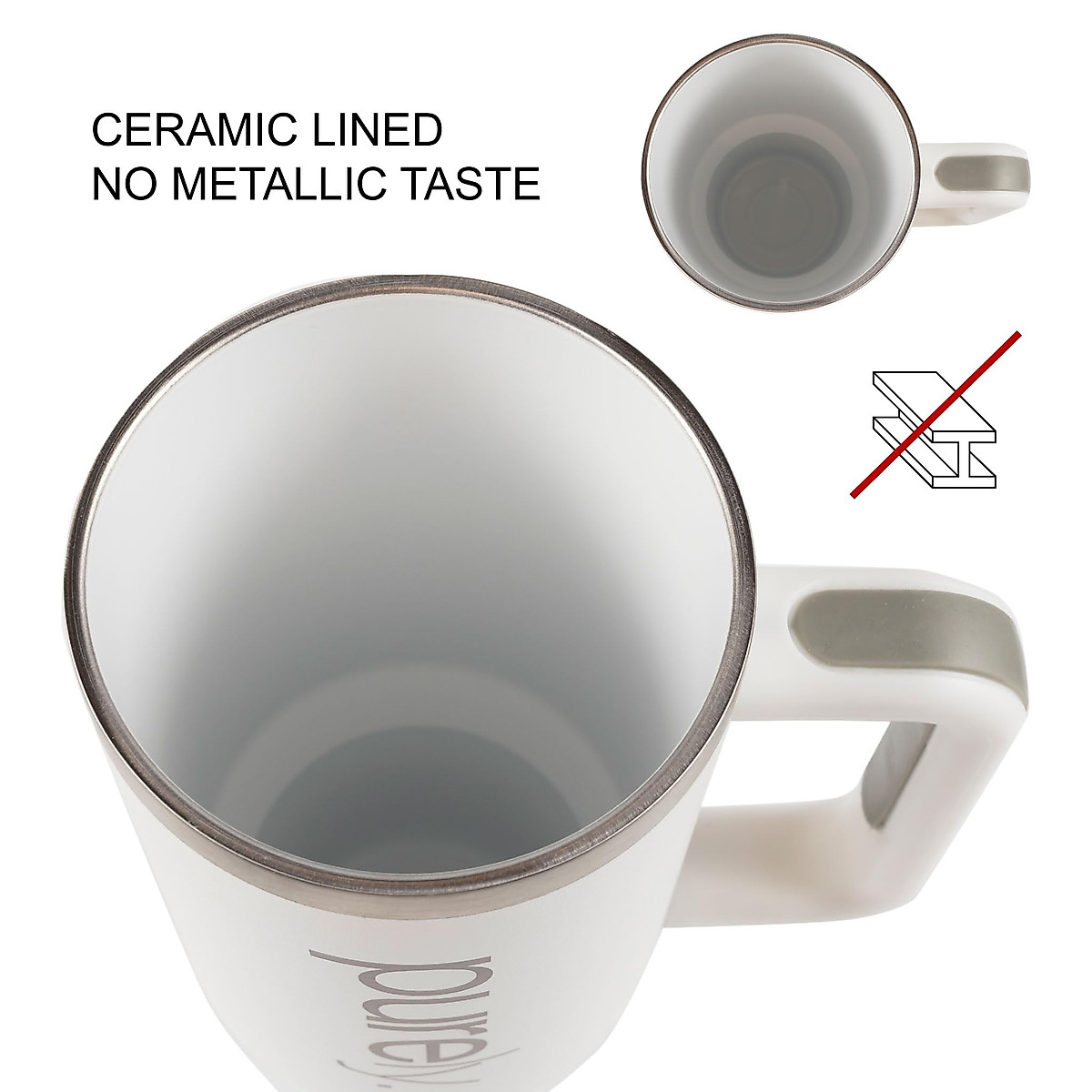 PURELY 40 oz Ceramic Lined Insulated Tumbler with Handle, Leak Resistant 2-way Lid and Straw, Ceramic Lined Travel Mug (White, 40oz)