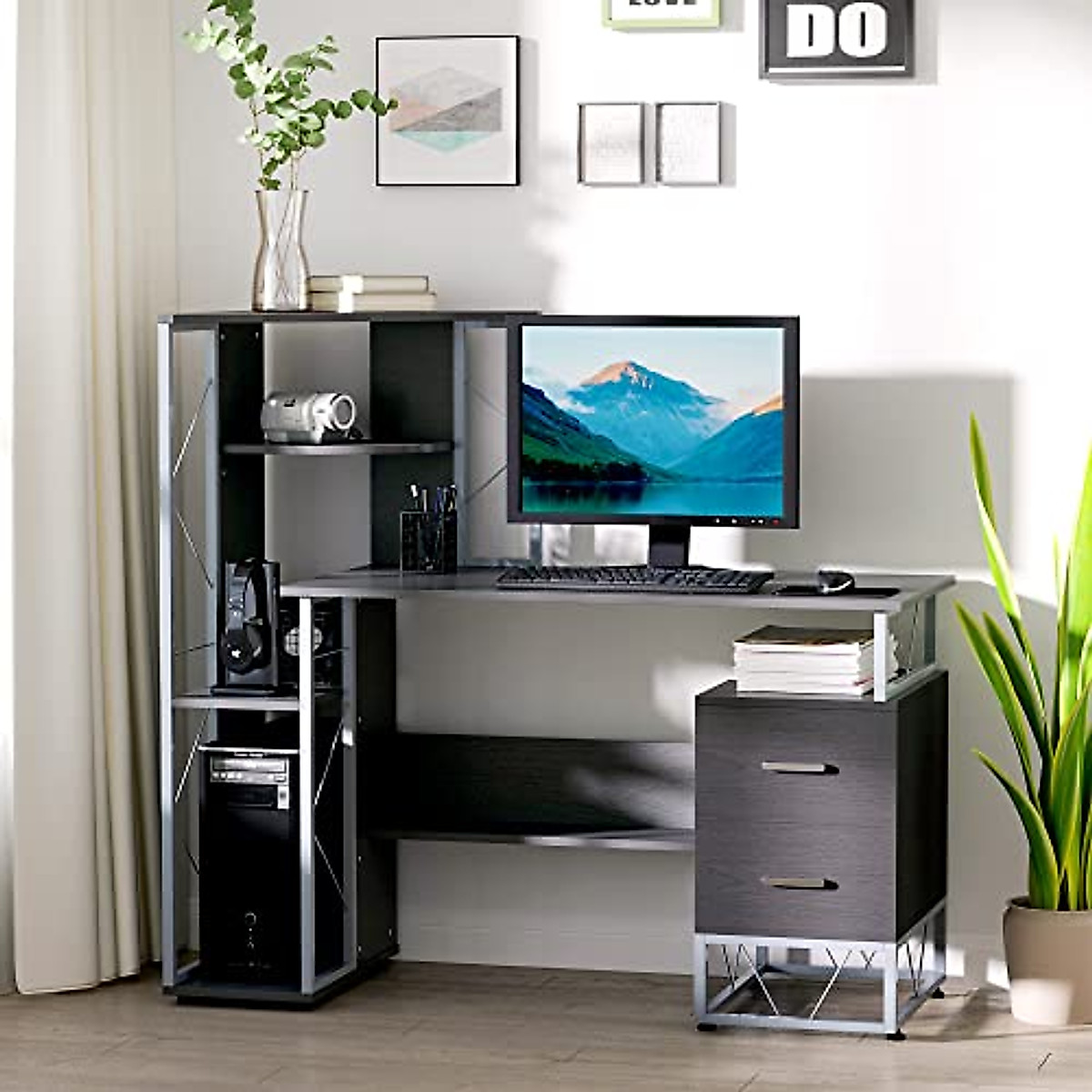 HOMCOM 52" Modern Computer Desk with Storage Shelves and Drawers, Home Office Desk, Study Workstation with CPU Stand, Black