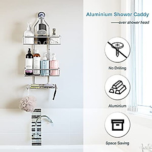 smusei Shower Caddy Over Shower Head Aluminum Shower Organizer Hanging Bathroom Shower Shelves for Inside Shower 3 Tier Shower Racks with Hooks and Shampoo Soap Razor Holder - Silver