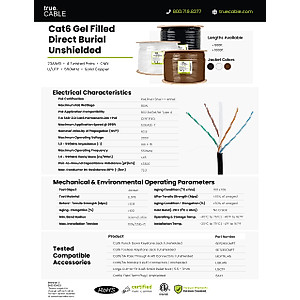 trueCABLE Cat6 Direct Burial, Gel Filled, 1000ft, Black, Waterproof, CMX, 23AWG Solid Bare Copper, 550MHz, PoE++ (4PPoE), ETL Listed, Unshielded UTP, Bulk Ethernet Cable