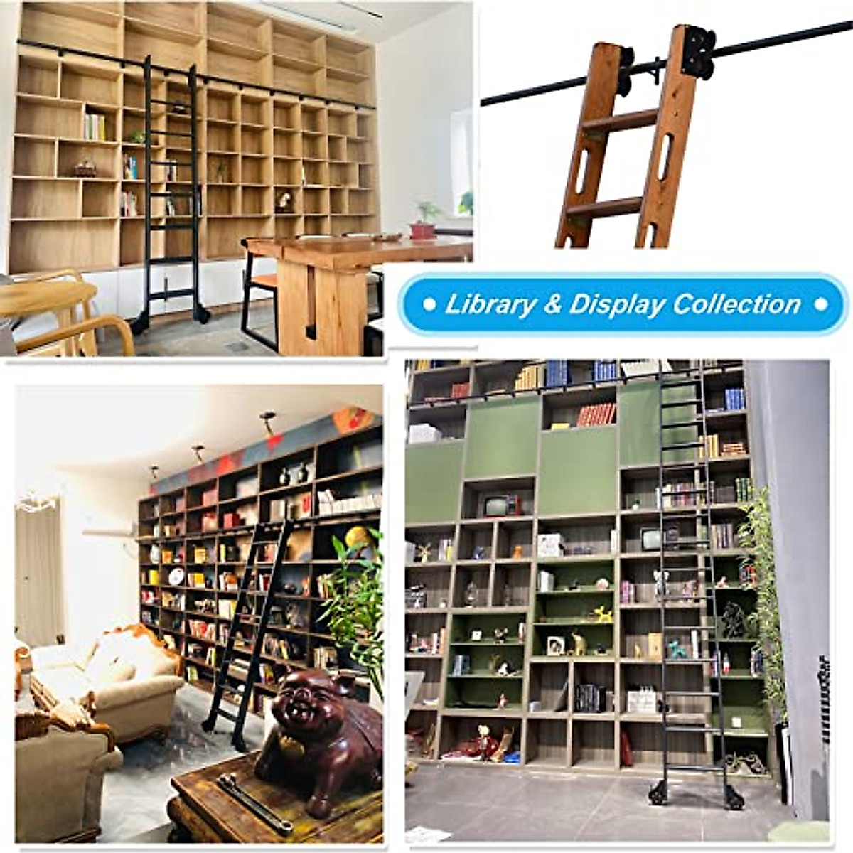 Sliding Barn Door Rail Rolling Library Ladder Hardware Kit, Round Tube Library Ladder Closet Set Carbon Steel Rolling Full Set Track Kit (No Ladder) - Black (Size : 6.6ft/200cm Track Kit)