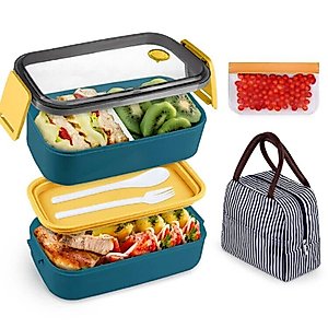 NatraProw Bento Box Adult Lunch Box, Leakproof 2 Layer Adult Bento Box with Detachable Divider, Lunch Bag, BPA Free Bento Lunch Box for Adults with Utensils, Microwave Safe Meal Prep Container