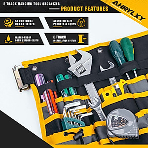 AHRYLXY 2 Pack E-Track Hanging Tool Organizer, E Track Wall Hanging Pocket Tool Holder, E-Track Accessories for Enclosed Trailer, Garage Warehouse and Workshop, Wall Mount Multi Pockets Tool Organizer