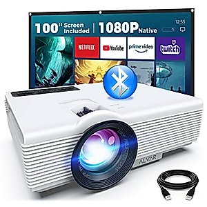 Native 1080P Bluetooth Projector with 100'' Screen, ALVAR 10000 Lux & 400 ANSI Portable Outdoor Movie Mini Projector, 60000 Hrs LED Lamp Life, Compatible with TV Stick, HDMI and USB