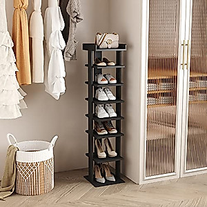 HOMEFORT 7-Tier Wood Shoe Rack, Entryway Shoe Tower,Vertical Shoe Organizer, Wooden Shoe Storage Stand(Black)