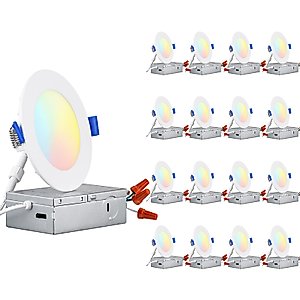 TORCHSTAR 16-Pack Ultra-Thin LED Recessed Lighting 4 Inch 5CCT with Junction Box, Aluminum, 2700K-5000K Selectable, 10W Dimmable Slim LED Downlight, 700LM High Brightness, ETL & Energy Star