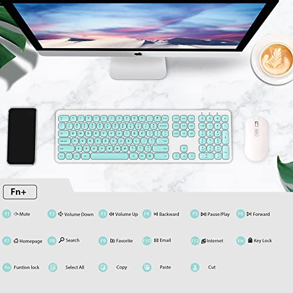 cimetech Wireless Keyboard, 2.4G Advanced Full Size Keyboard with Number Pad, Silent Ergonomic Keyboard and 110 Keys, for Laptop, Desktop, PC, Mac, Windows 10/8/7/XP (Aqua Green)