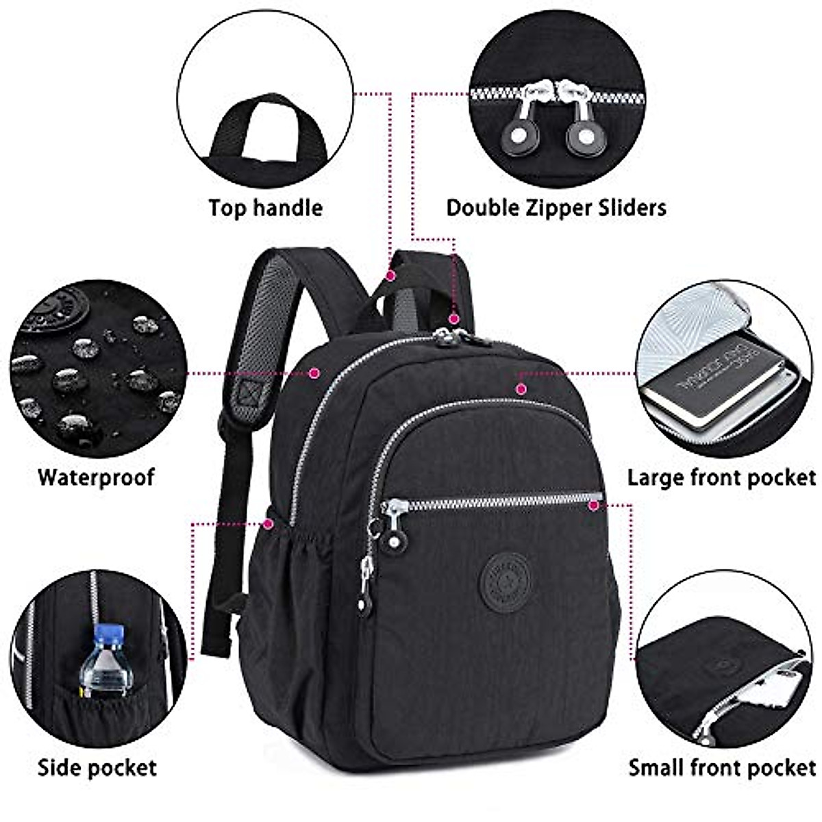 Small Nylon Backpack Mini Casual Lightweight Daypack Backpacks for Women and Girls (Black)