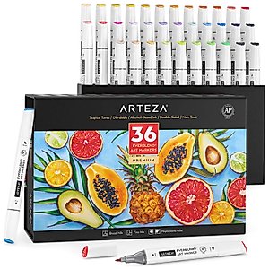 ARTEZA Alcohol Art Markers, Set of 36 Colors, Tropical Tones, Everblend Sketch Pens in Organizer Box, Dual Tips