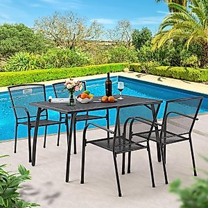 AECOJOY Metal Outdoor Table and Chairs Patio Dining Table Set for 4 Outside 51" Dining Table with Umbrella Hole Rectangle Table and 4 Stackable Chairs, Patio Furniture Set for Garden Backyard Balcony
