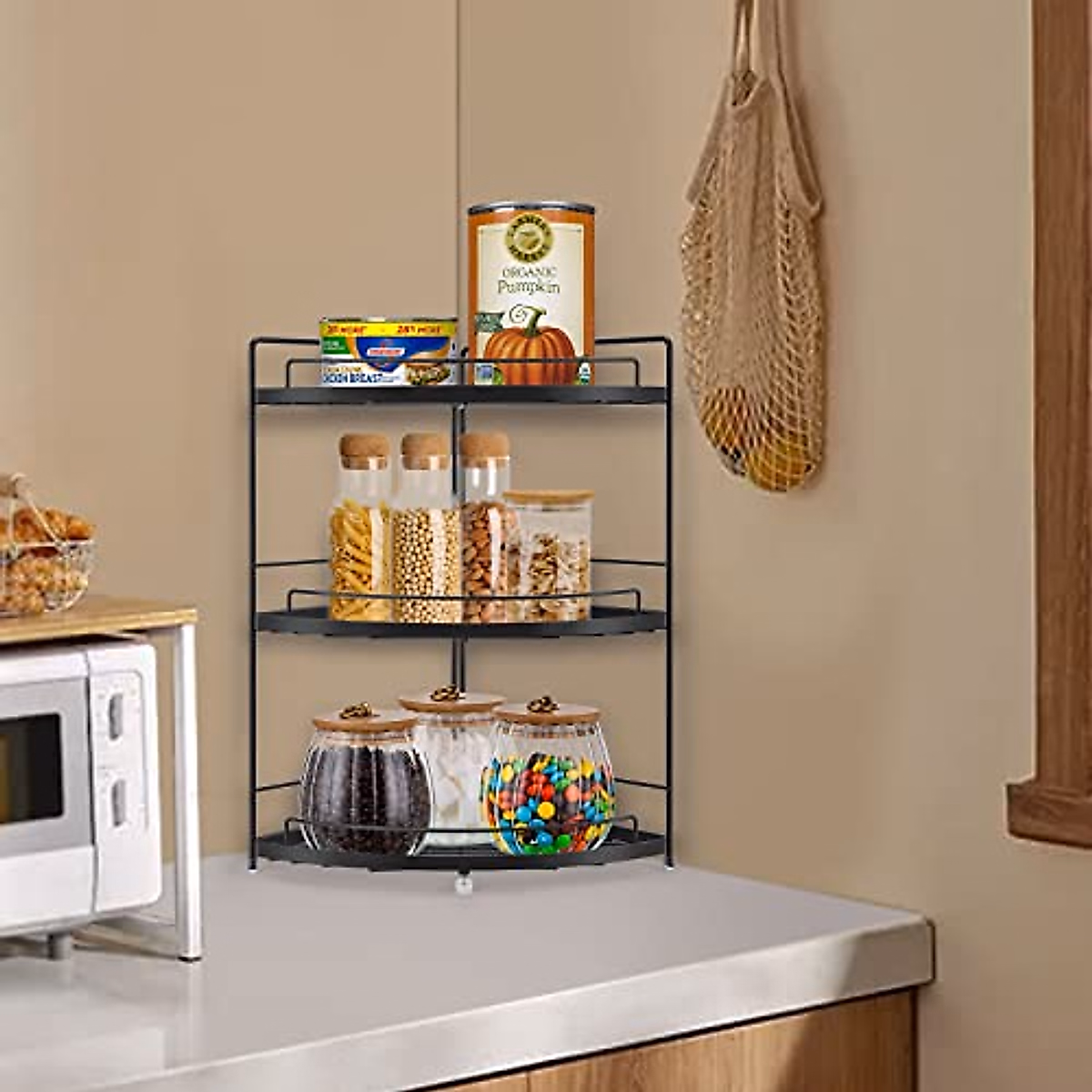 MASALUO 3-Tier Spice Rack for Countertops, Kitchen Countertop Corner Storage Organizer Seasoning Storage Shelf, Black