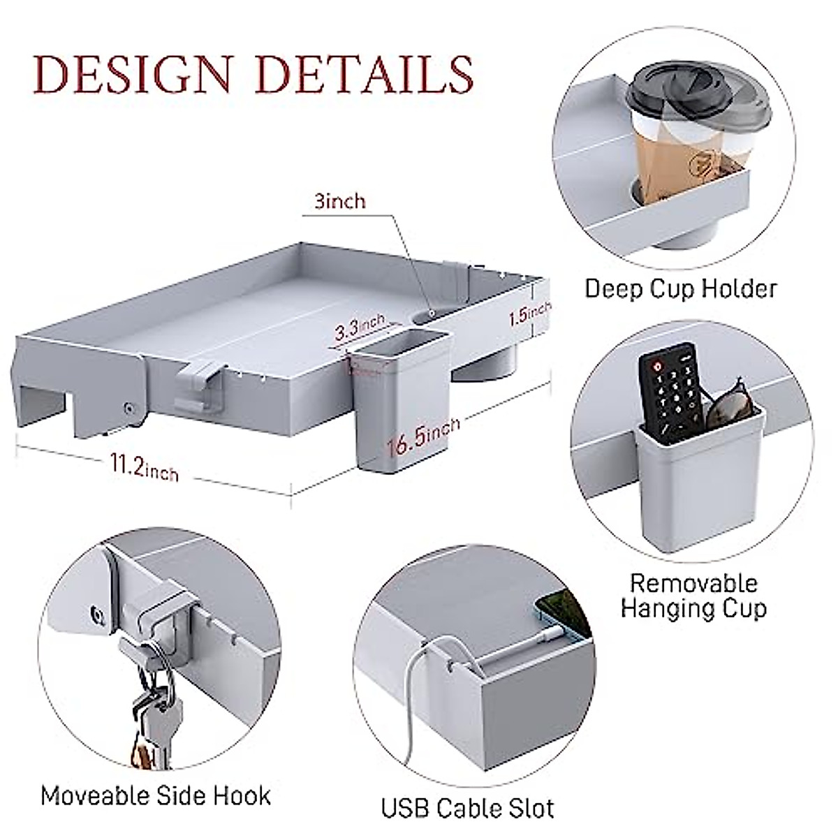 SOLEJAZZ Bedside Shelf for Bed, Folding Bunk Bed Shelf for Top Bunk Clip On Nightstand College Dorm Room Essential Table Caddy Bedside Night Stand Shelf with Hooks, Cup & Cord Holder, Plus Size, Grey