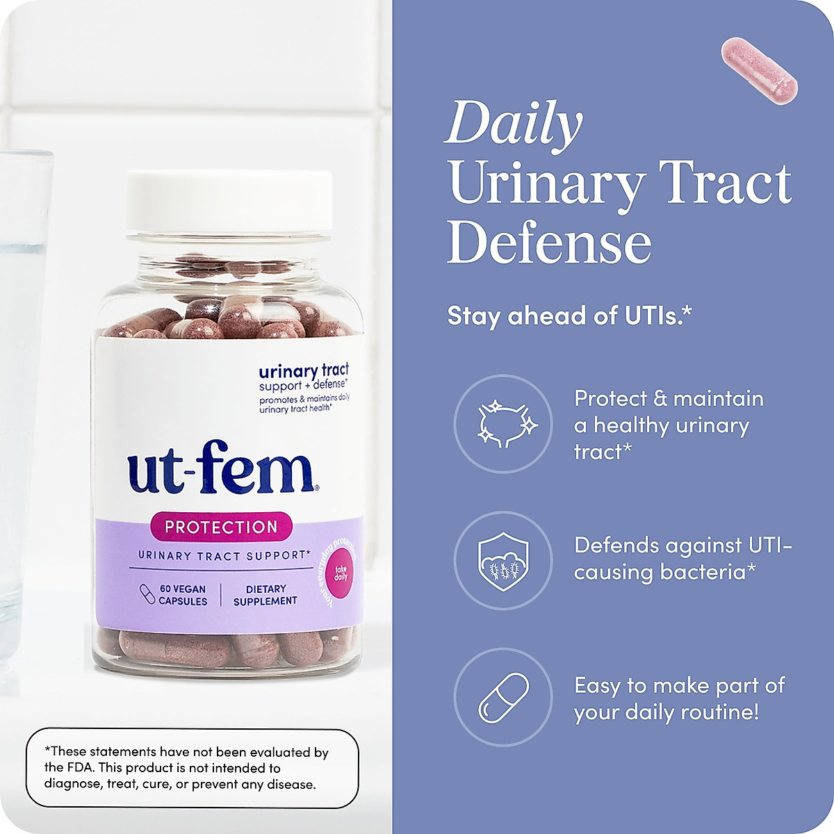 UT-Fem Protection - Urinary Tract Defense for Women, 3-in-1 Daily Defense Formula to Protect Urinary Tract Health, D-Mannose, Cranberry + Hibiscus, Natural Supplement - 60 Vegan Capsules