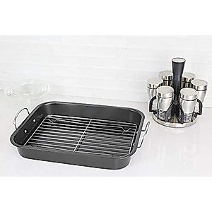 Deluxe Non Stick Roaster/Roasting Pan with Handles and Grill Rack, Excellent for Turkeys, Hams and Chickens 14.5" x 11.5", Black