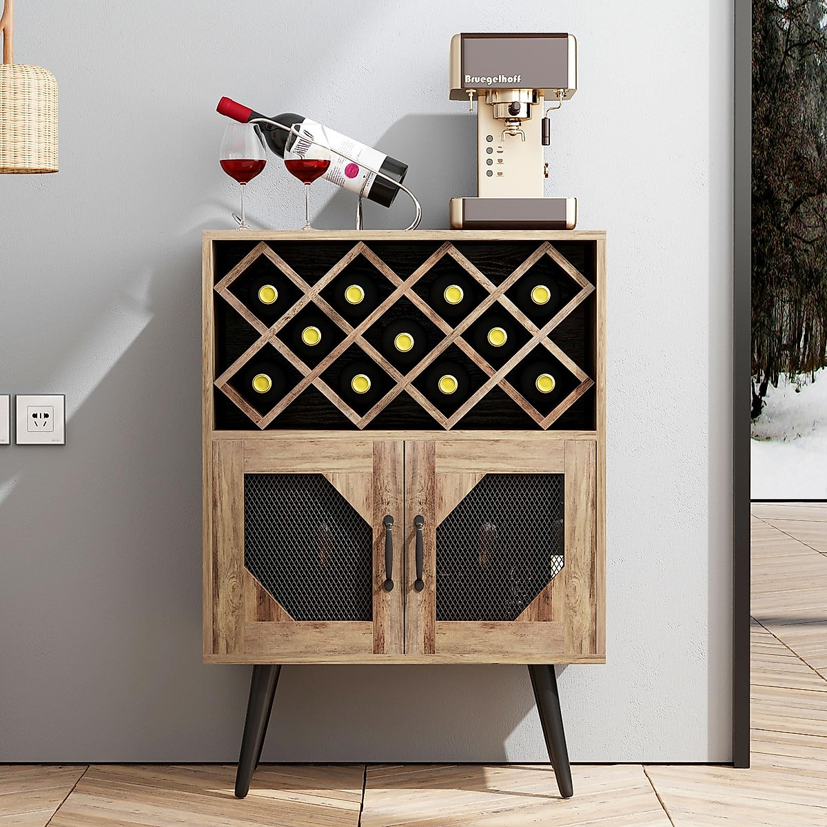 SogesHome 23.6 inches Wine Cabinet, Wine Storage Rack with 11 Bottle, Rack Wine Holder, Large Storage Cabinet with Metal Mesh Doors, for Kitchen, Dining Room, Living Room