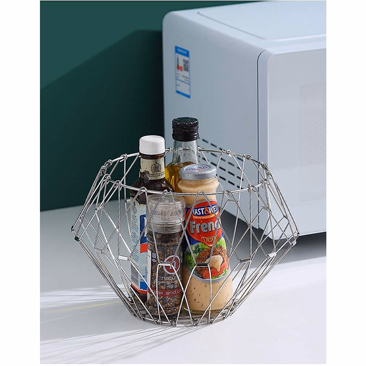 huaqinghua Fruit Basket, Decorative Bowl, Flexible Stainess Steel Wire Basket Transforming, Arts Storage or Holder Vegetable Bread Snacks for Counters, Kitchen, Living Room (1 PCS) Sliver