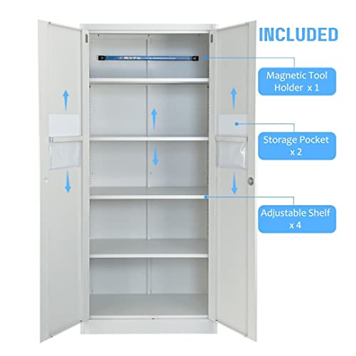 iJINGUR Metal Storage Cabinet with Locking Doors and Shelves for Garage Home Office, Lockable Tall Steel Storage Cabinets with Lock, Tool Holder and File Organizer Pocket Included (White)