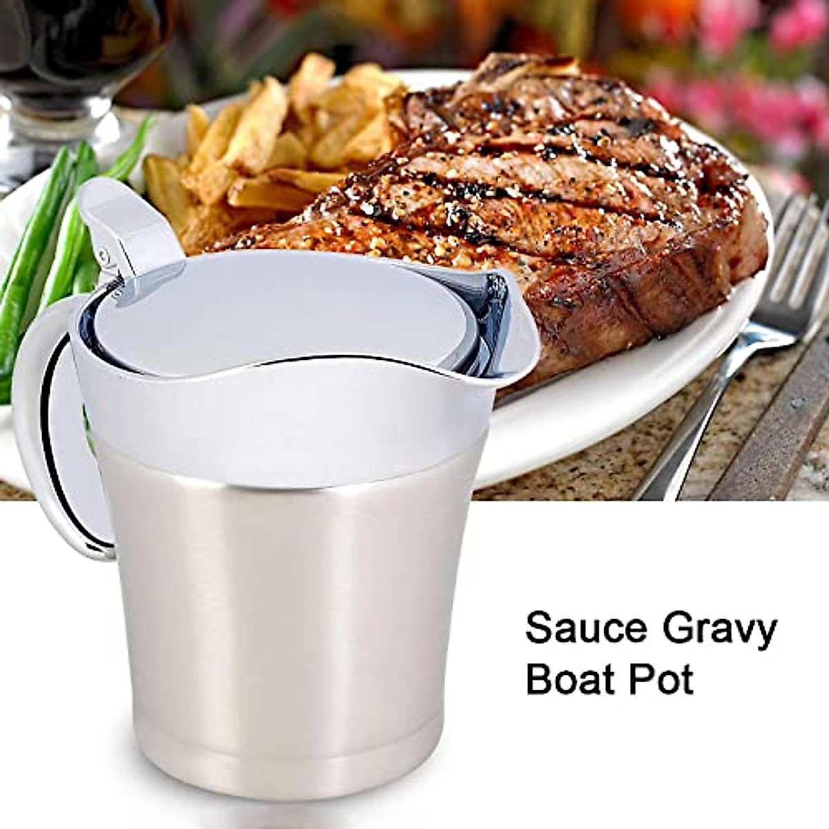 FOXDISK 304 Stainless Steel Double Insulated Gravy Boat 16 oz with Hinged Lid,Sauce Jug and Steak Sauce Pot Double Walled Insulated Thermal (16 oz/450ml)