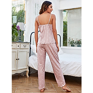 Verdusa Women's 2 Piece Polka Dots Lace Cami Top and Pants Sleepwear Pajama Set Light Pink S