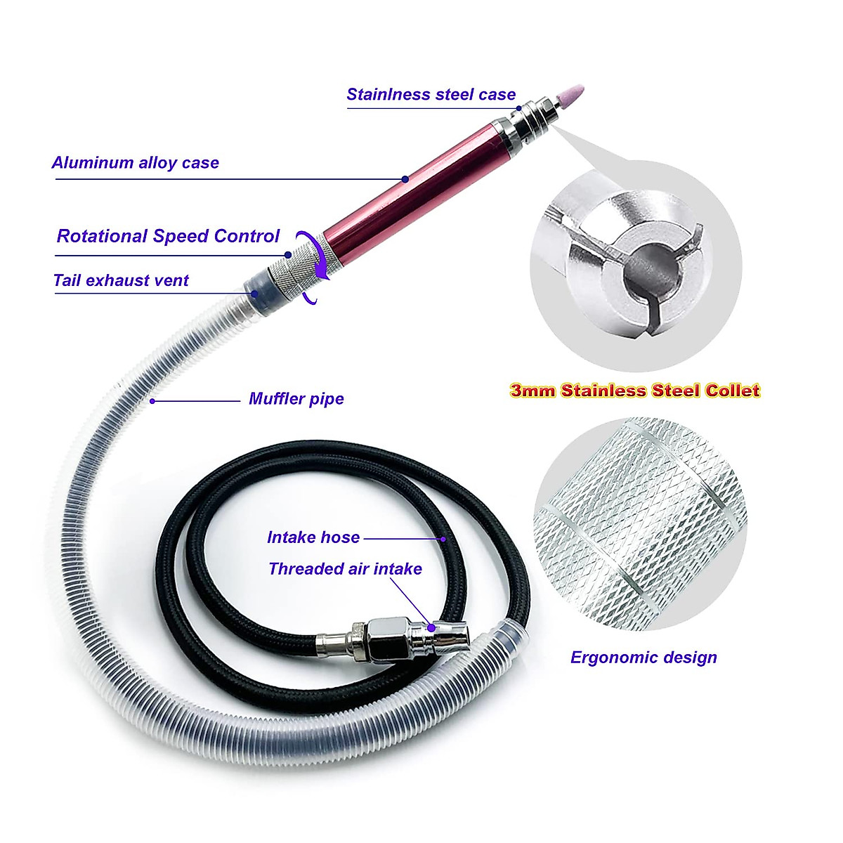 3mm Air Micro Grinder Air Micro Die Grinder Kit,High Speed Professional Light Weight Heavy Duty 65,000 RPM Pneumatic Micro Air Pencil Grinder Polishing Tool