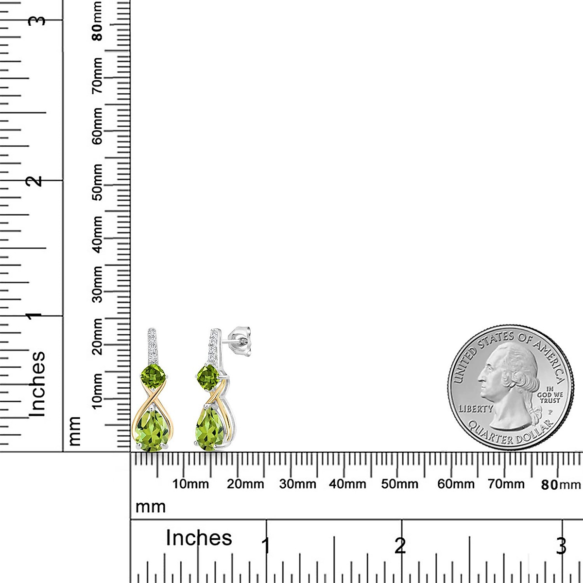 Gem Stone King 925 Sterling Silver and 10K Yellow Gold Pear Shape Green Peridot and White Lab Grown Diamond Dangle Earrings For Women (2.90 Cttw, Pear Shape 8X6MM)