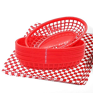 FEOOWV Retro Style Fast Food Basket (12Pk) and Checkered Deli Liner (100 Pk) Combo. Fast Food Basket Are Dishwasher Safe. Disposable Deli Paper Squares for Easy Cleanup (Red)