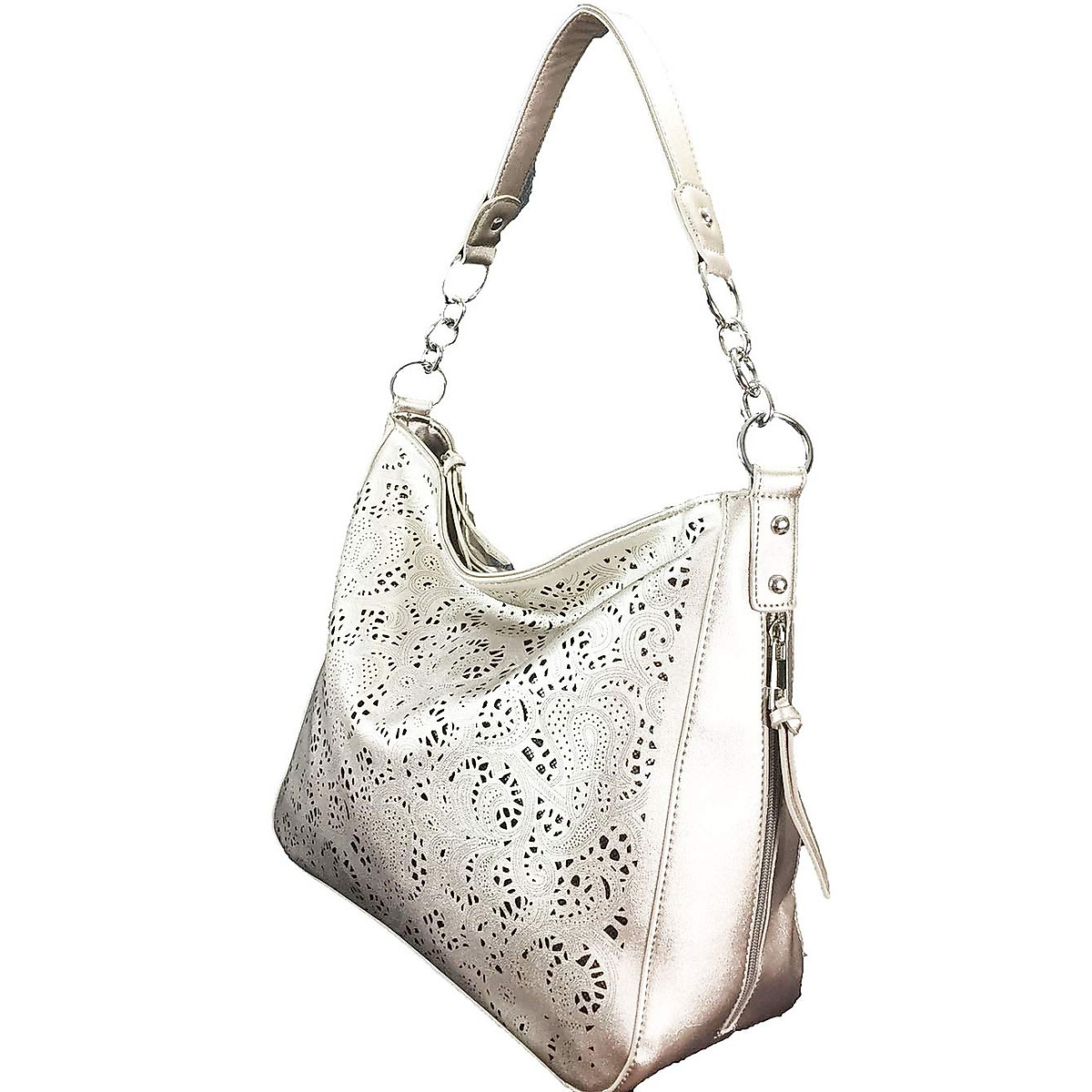 Zzfab Laser Cut Bling Hobo fashion CCW Bag Faux Leather Concealed Carry Purse Pewter