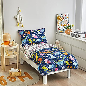 Quilted Toddler Bedding Set 4 Pieces Summer Navy Colorful Dinosaur Toddler Bed Set Includes Toddler Size Quilt Set, Flat Sheet, Fitted Sheet and Pillowcase