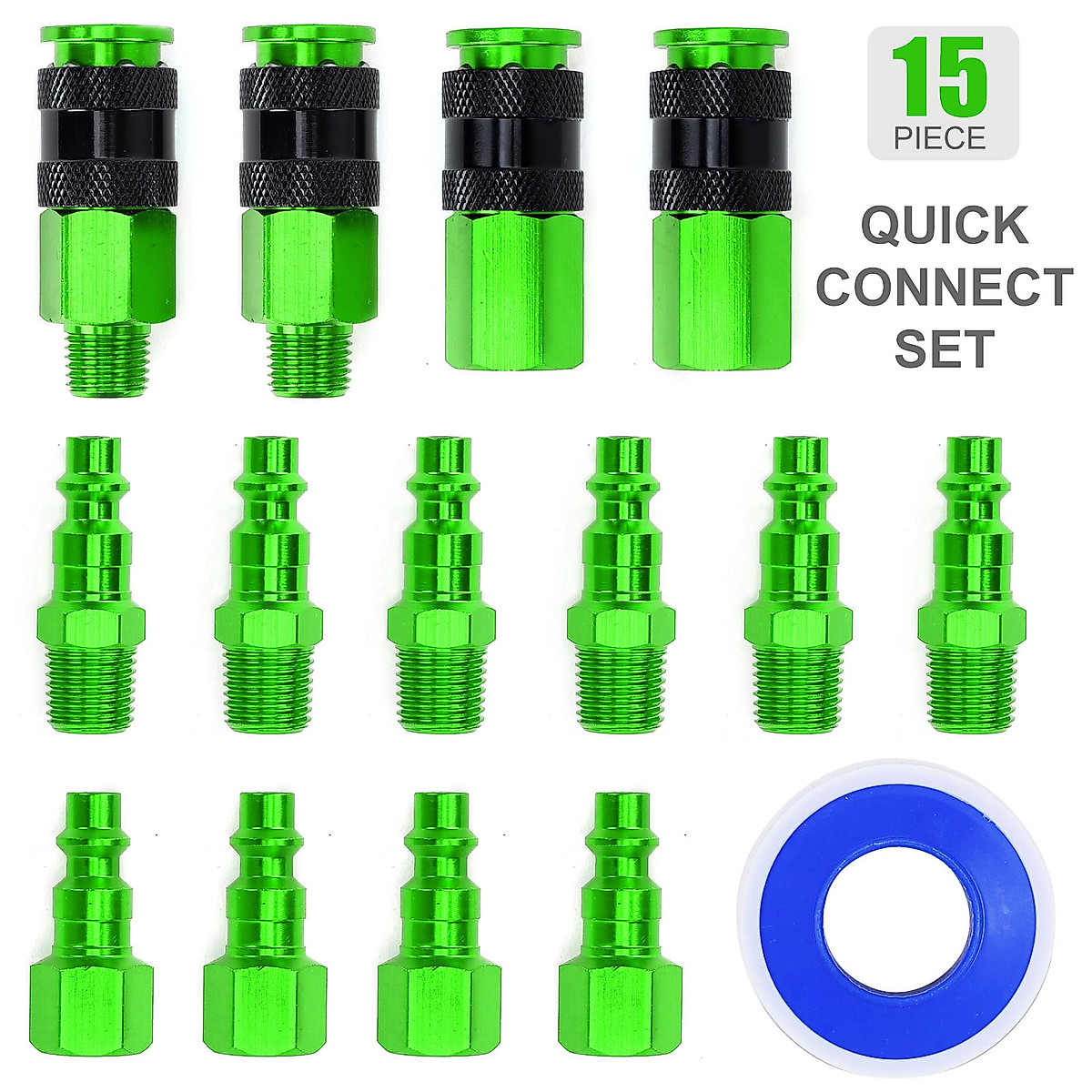FYPower 15 Pieces 1/4" NPT Aluminum Air Coupler and Plug Kit, Quick Connect Air Fittings, Industrial Quick Connector Set (Green)