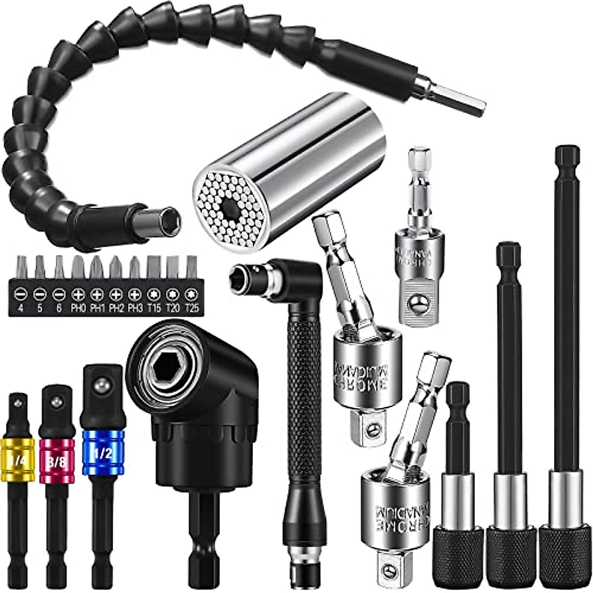 23 Flexible Drill Extension Hex Shank Drill Bit Kit Rotatable Joint Socket 1/4 3/8 1/2 Inch Hex Socket Adapter Socket Bendable Drill Bit Extension Screwdriver 105 Degree Angle Drill Bit Extension