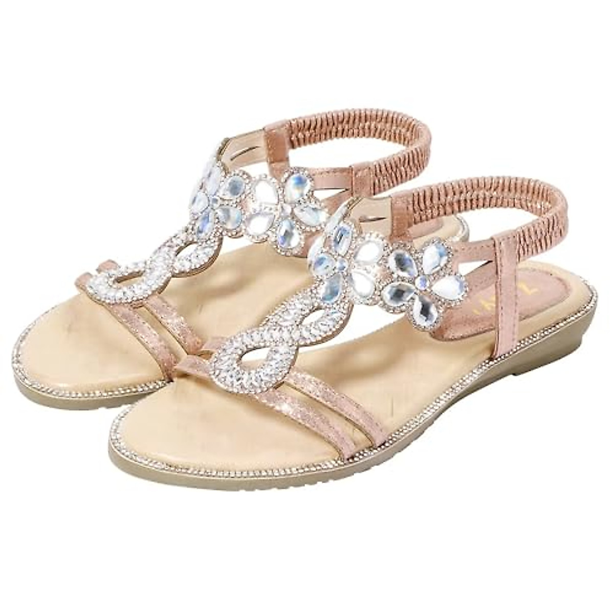 ZriEy Women's Open Toe Flat Sandals Beach Sandals Beaded Flower Rhinestone Flat Sandals Low Heels Dress Wedding Party Driving Shopping Travel Shoes Rose Gold Size 10