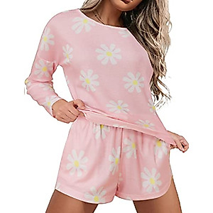 Ekouaer Women 2 Piece Waffle Set Long Sleeve Floral Knit Pullover Top and Knitted Shorts Suit Spring Outfits Pink Daisy Flower