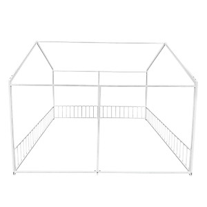 PVWIIK Double Montessori Floor Bed with Fence & Roof for Two Kids Teens Boys Girls,Twin Floor Bed,Easy Assemble,No Box Spring Needed, White