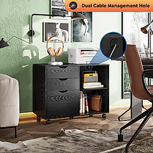 DEVAISE 3-Drawer Wood File Cabinet, Mobile Lateral Filing Cabinet, Printer Stand with Open Storage Shelves for Home Office, Black