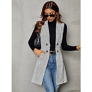 Floerns Women's Plaid Print Button Front Sleeveless Lapel Collar Blazer Jacket White XL