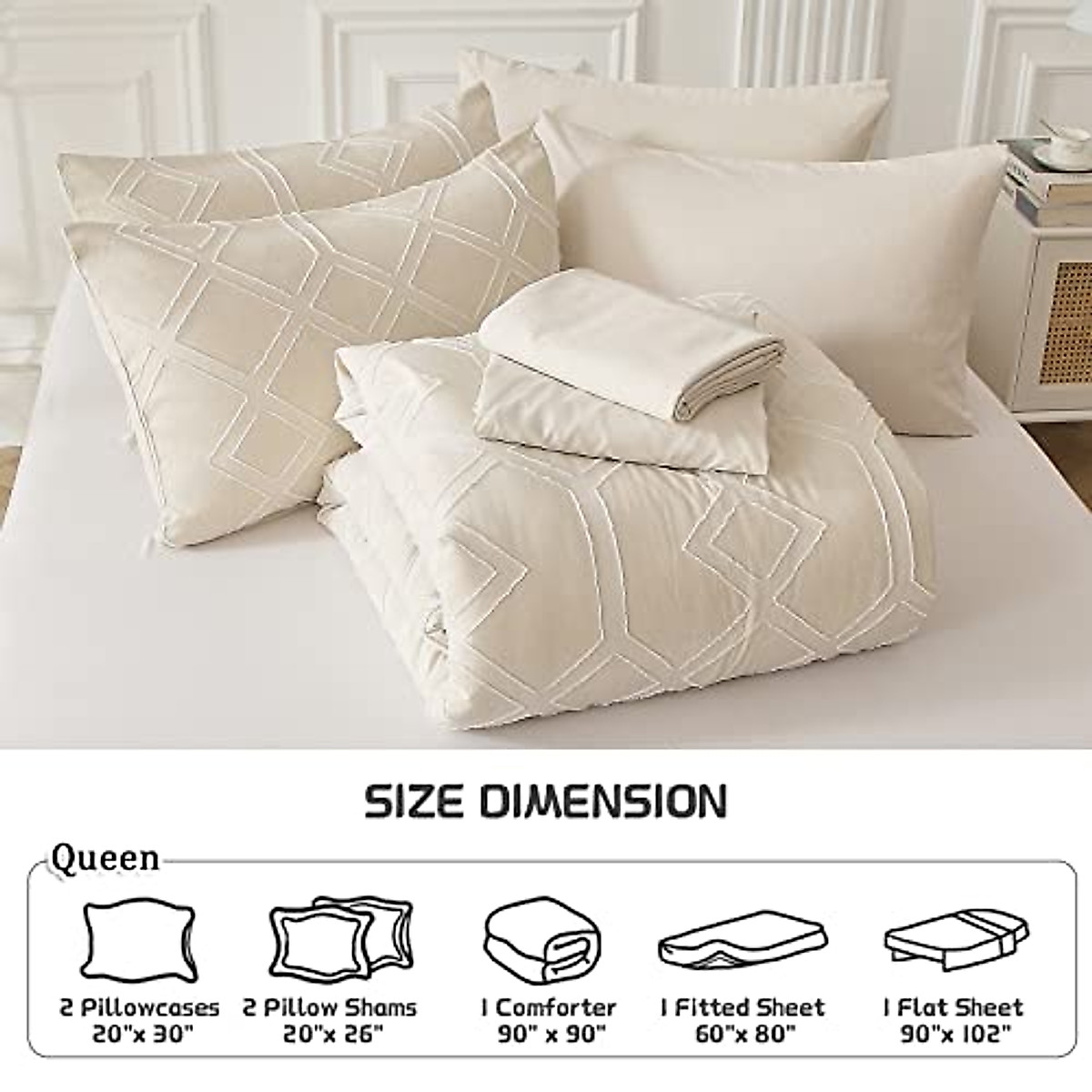 Dobuyly Cream Tufted Comforter Set Queen, 7 Pieces Bed in a Bag Boho Cream Beige Comforter Embroidery Shabby Chic Farmhouse Bedding Set, Soft Breathable Cation Microfiber Comforter Set