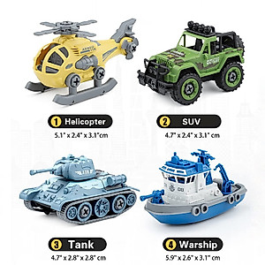 Take Apart Military Toys for 3 4 5 6 7 8 Year Old Boys Construction Vehicle Toys with Drill for Kids STEM Learning Building Toy Helicopter, SUV, Tank, Warship Pack of 4