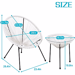 FDW Patio Bistro Set Bistro Table Set Acapulco Chairs Outdoor Chairs Set of 2 All-Weather Hammock Weave Chair Set of 2 and Glass Top Side Table Small Patio Table and Chairs White