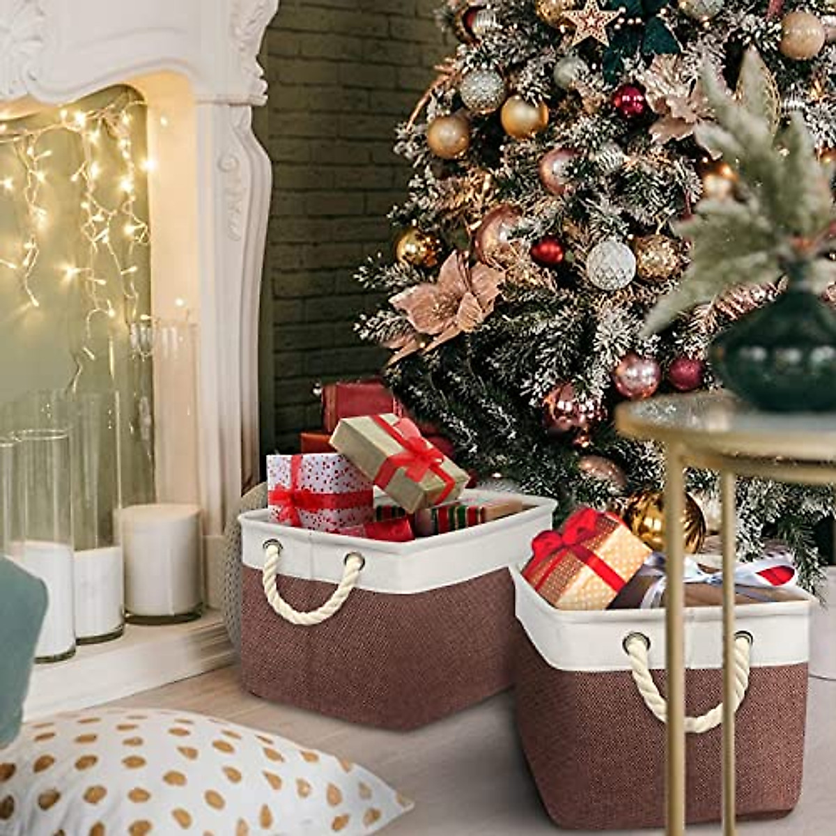 IMQSQIK Foldable Storage Bin 2 Pack, Large Fabric Storage Bin with Coarse Hemp Rope Handles, Gift Baskets Empty for Organizing Closet Nursery Shelves ( 15x 11 x 8 inches, Khaki White)