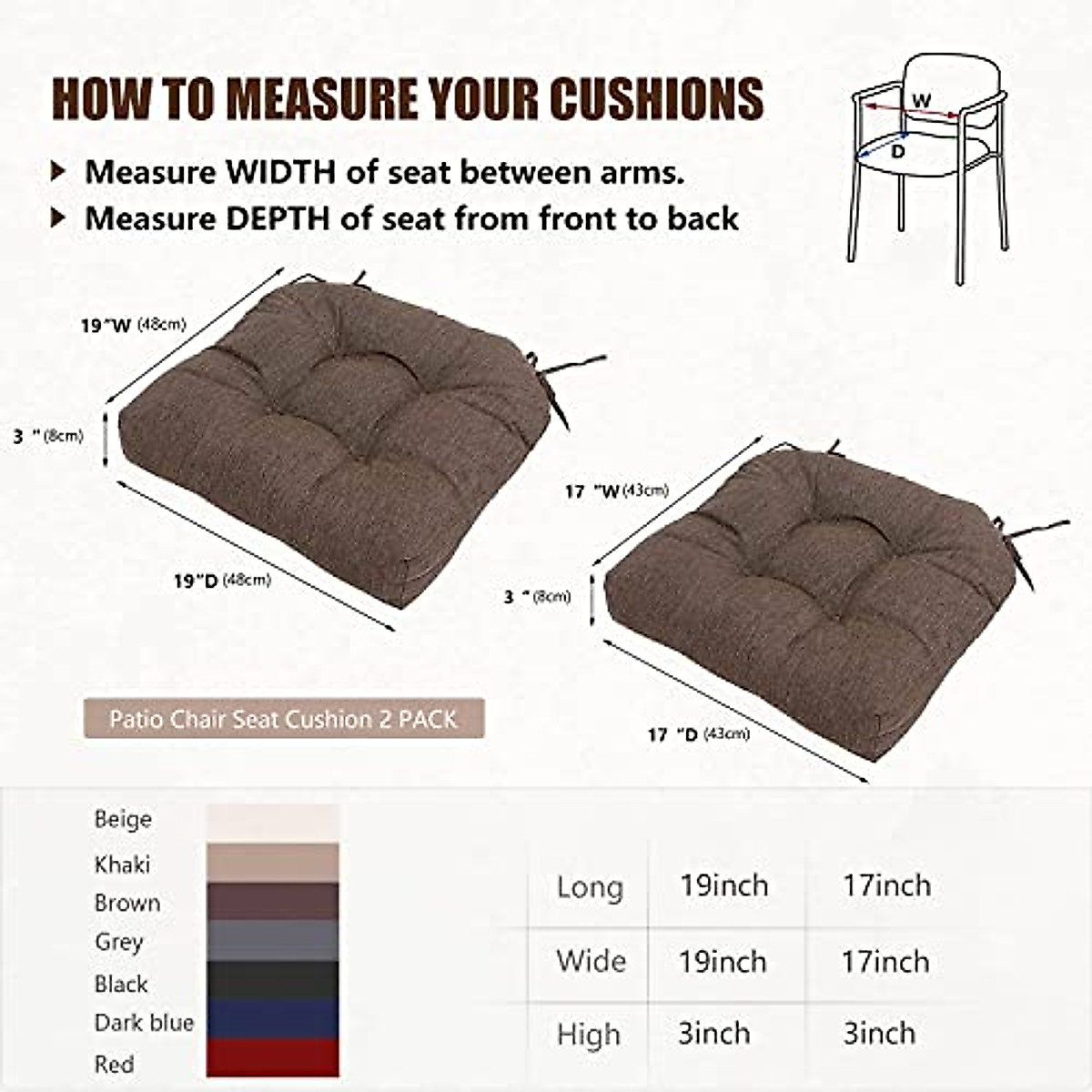 RACE LEAF 19" x 19" Patio Chair Seat Pads Brown - Outdoor/Indoor Patio Cushions Set of 2 - Replacement Cushions for Chairs and Seating - Olefin Seat Pads for Porch, Deck, and Garden Seats