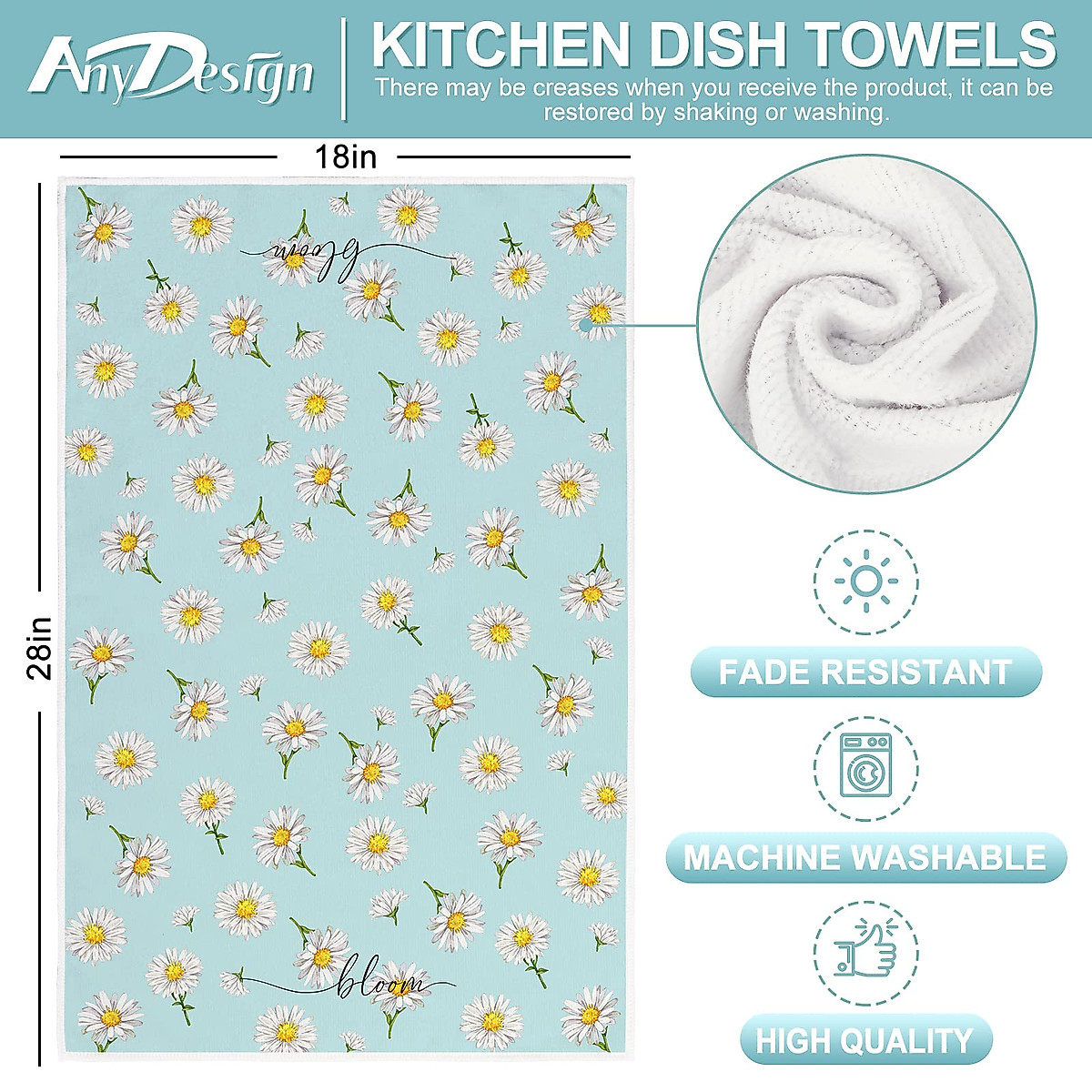 AnyDesign Spring Kitchen Dish Towel Daisy Flower Dishcloth Rustic Blue White Floral Hand Drying Tea Towel for Cooking Baking Cleaning Wipes Supplies, 18 x 28 Inch, Set of 4