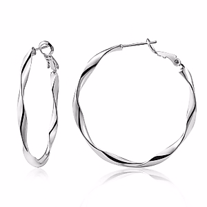 925 Sterling Silver Hoop Earrings for Women Big Twisted Thin Huggie Hoops 40mm, Dainty Cute White Gold Dangle Hoop Earrings Nickel Free Womens Earrings for Sensitive Ears Hypoallergenic