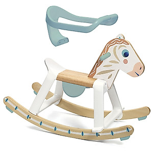 DJECO BabyCavali Wooden Rocking Horse - Fun Ride-On w/Removable Restraining Bar for Home or Baby Gifts - Fun Toy for Toddlers & Children, Active Play for Kids Months 12+ - Medium