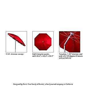 PICNIC TIME ONIVA - a Brand Outdoor Canopy Sunshade Beach Umbrella 5.5' - Small Patio Umbrella - Beach Chair Umbrella,Red & White Cabana Stripe,822-00-336-000-0