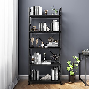 VERMESS Bookshelf Black, 5 Tier Shelving Unit Tall Book Shelf, Wood Bookcase with Open Shelves, Industrial Standing Storage Bookshelves Metal Display Rack for Living Room, Bedroom, Home, Office