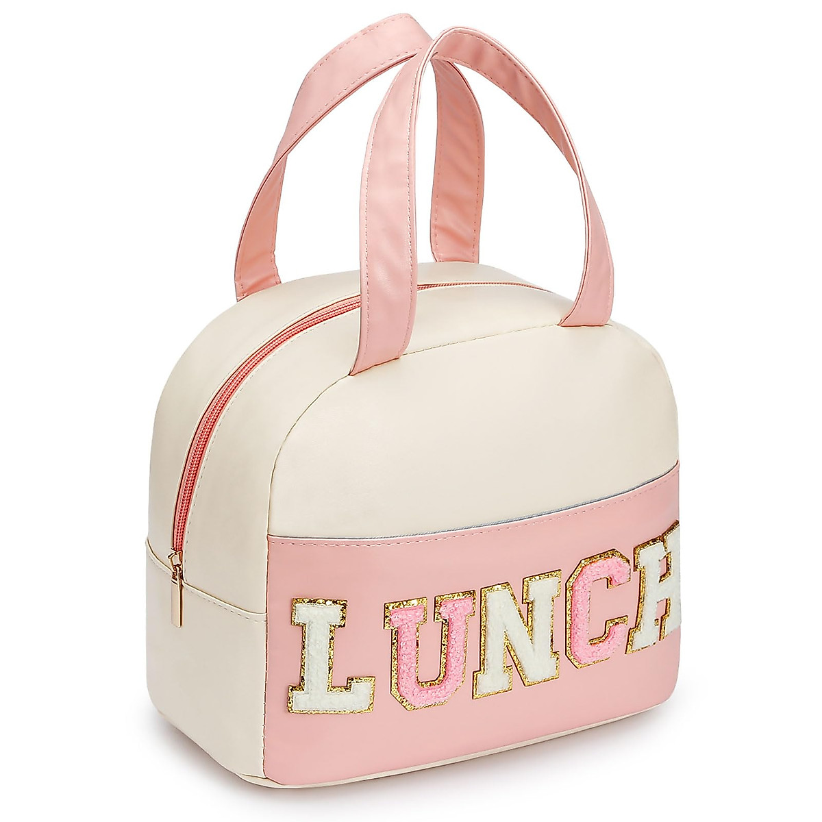 Lunch Bag for Women Insulated Lunch Bag For Men PU leather Small Lunch Bag for Office Work lunch Bag with Chenille Letters Leakproof Freezable Cooler Bag Reusable Portable Lunch Box (White&Pink)